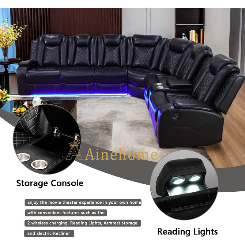 Shamla 3 Pieces 210 Breathing Leather Power Reclining Theater Sectional LED Lighting Orren Ellis Upholstery Color Black